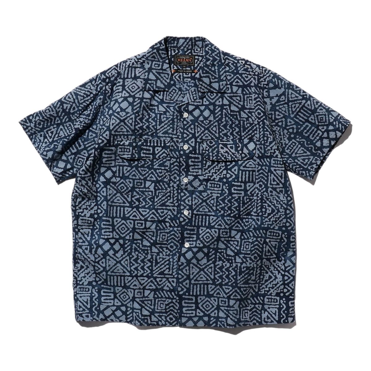 Beams Plus Open Collar Batik Print Shirt Blue